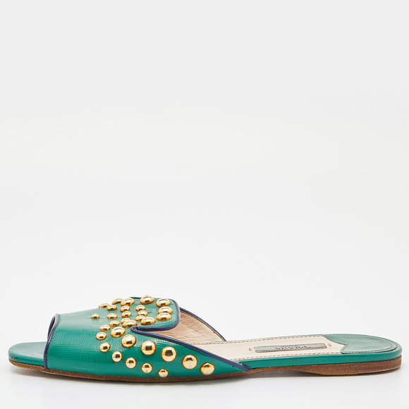 Prada | Shoes | Prada Green Patent Leather Studded Flat Slides Size 38 ...